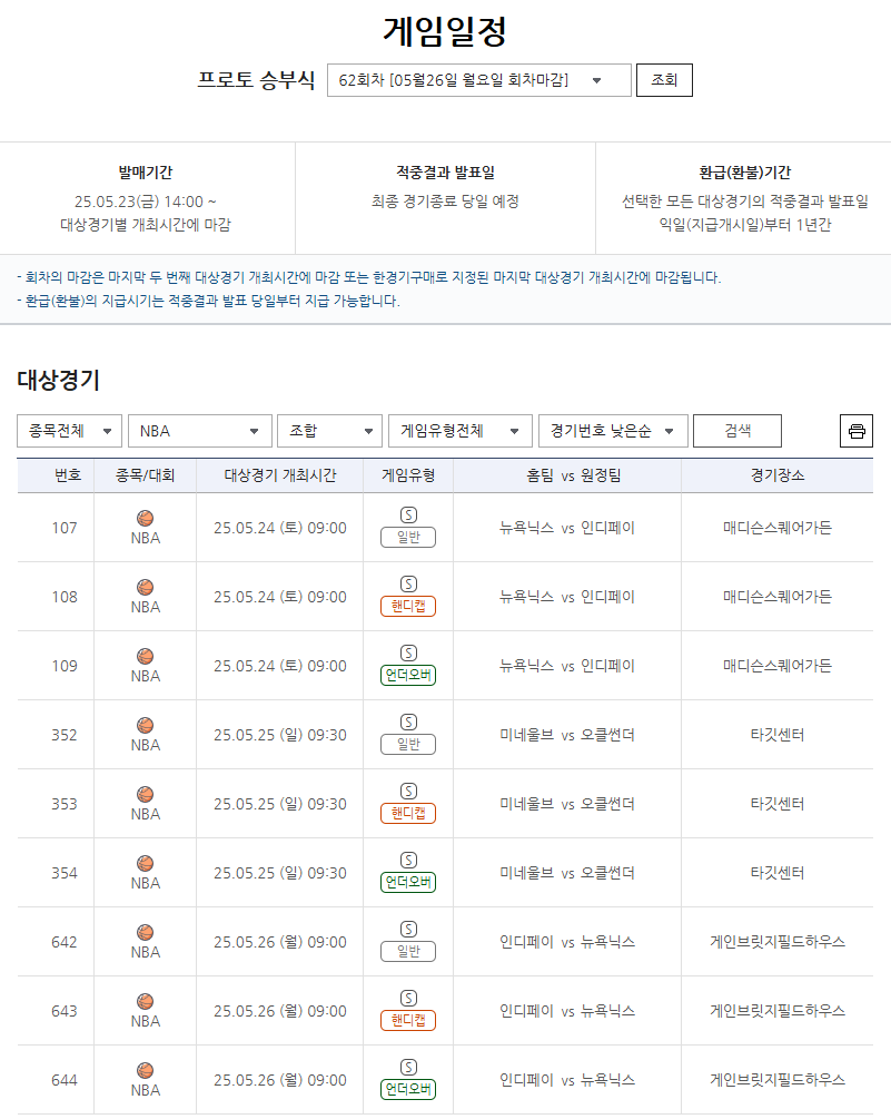 NBA PO 컨퍼런스 결승 대상 프로토 승부식 62회차 게임 발매 개시